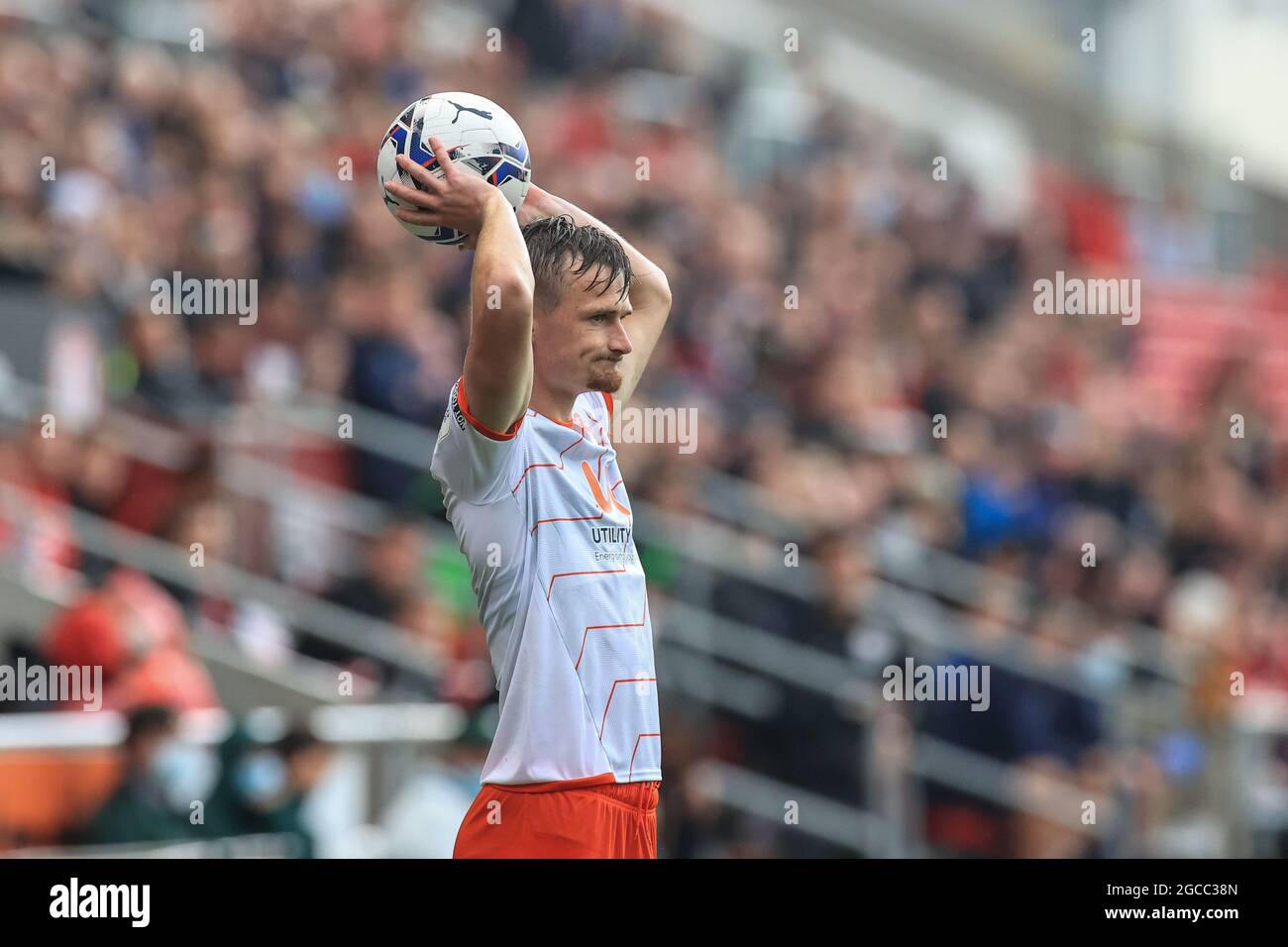 Callum Connolly #2 of Blackpool prepares to take a throw-in Stock Photo ...