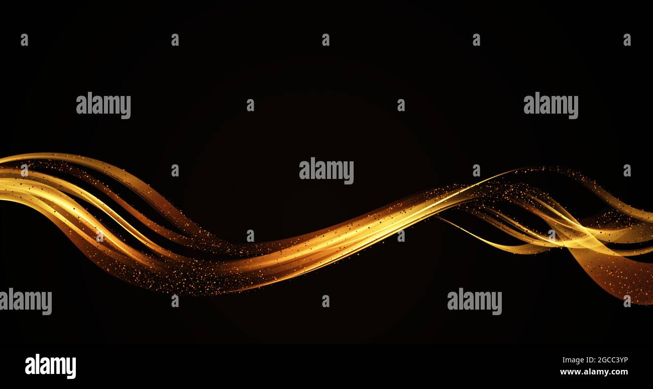 Gold color wave on black background Abstract stream of wavy lines with ...