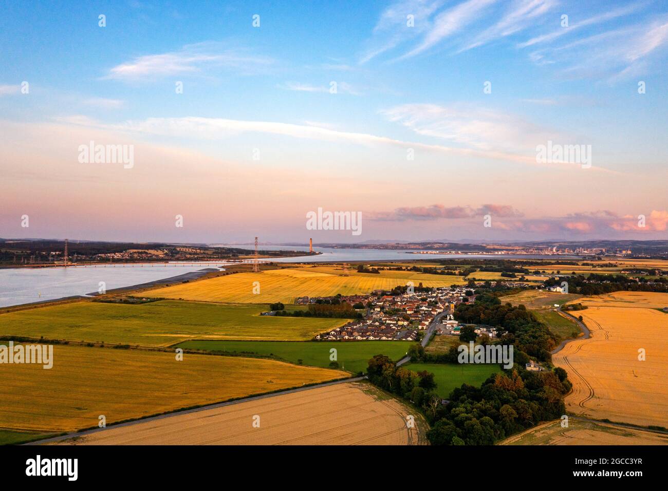 Aerial view from Dunmore to Airth and the Firth of Forth, Scotland, UK ...