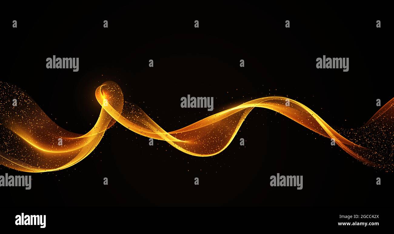 Gold color wave on black background Abstract stream of wavy lines with ...