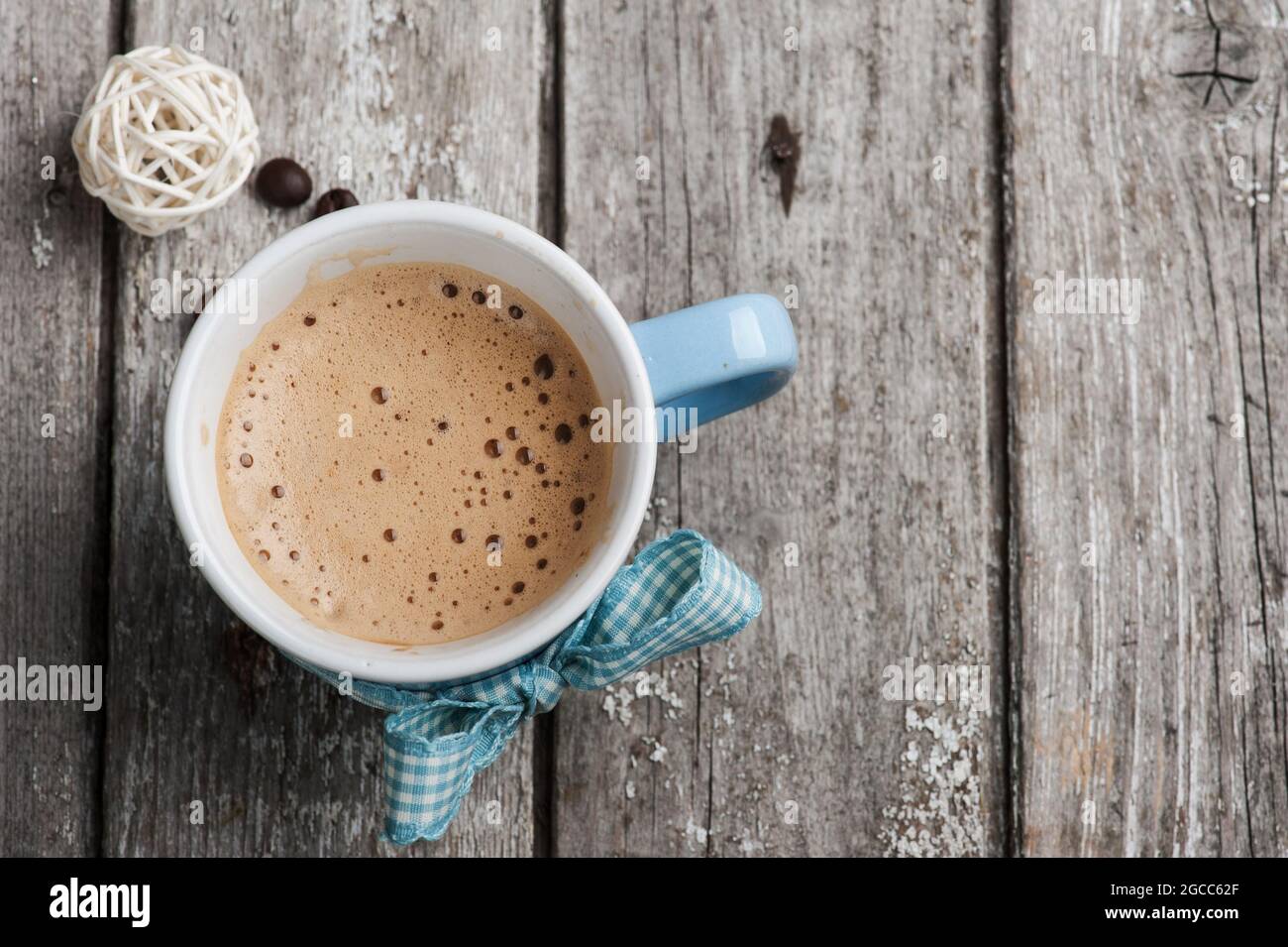 Cappuccino mug on wooden table. Life style set with cup of coffee. Flat ...