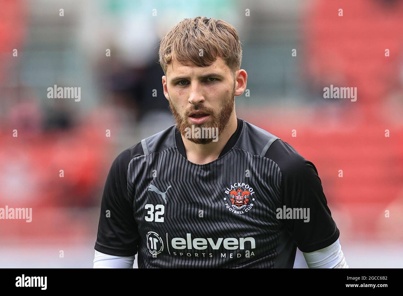 Bristol, UK. 07th Aug, 2021. Daniel Grimshaw #32 of Blackpool during the pre-game warmup in ...