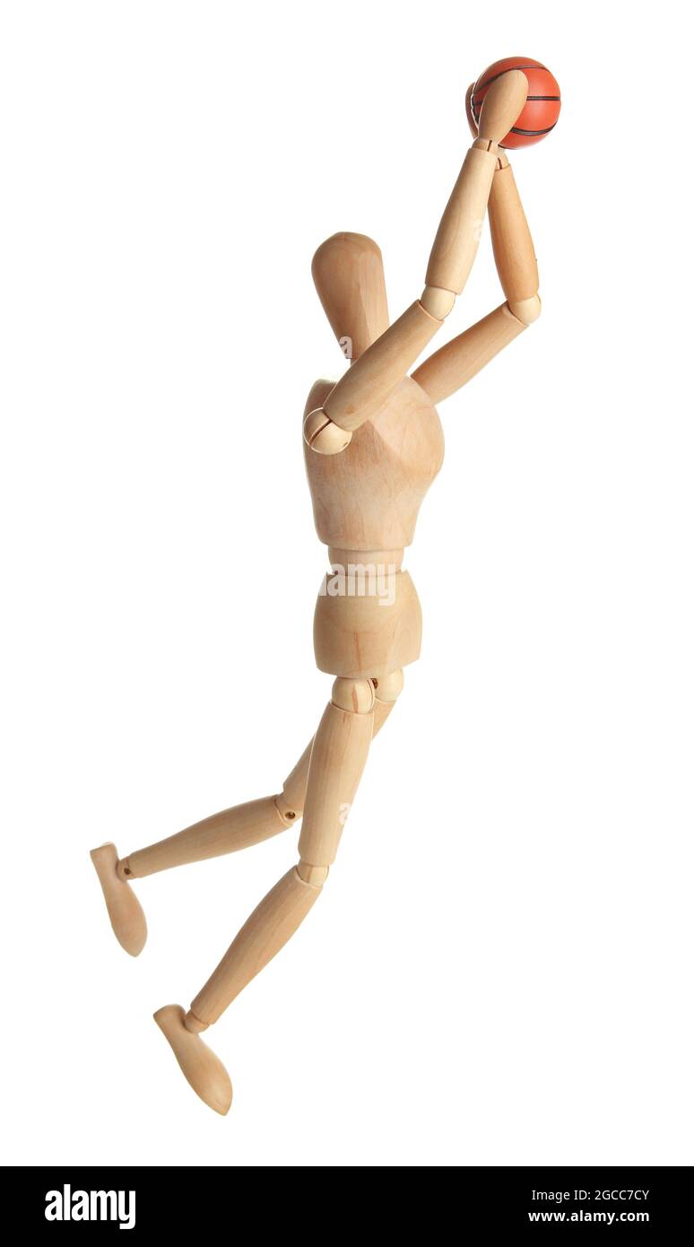 Wooden mannequin with basketball ball on grey background Stock Photo ...