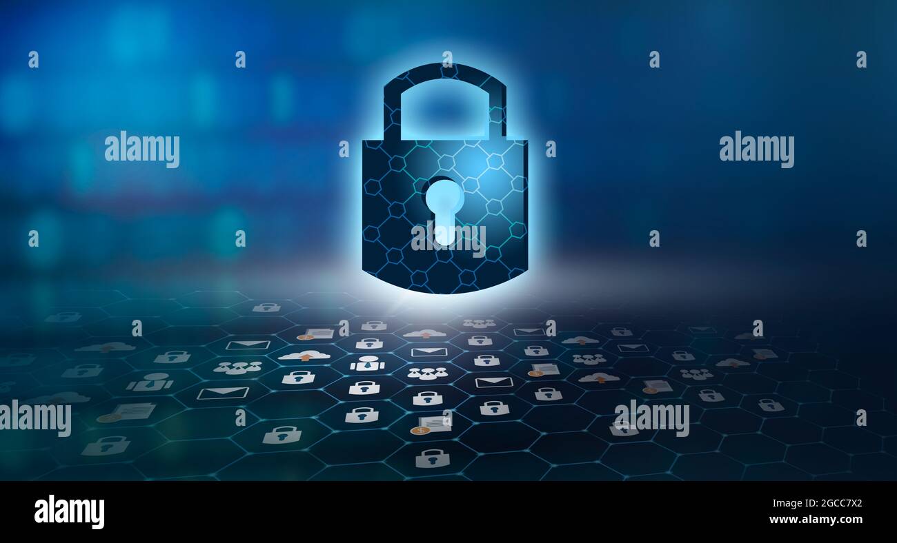 Highly secure IT device protection shield. blue background Stock Photo ...