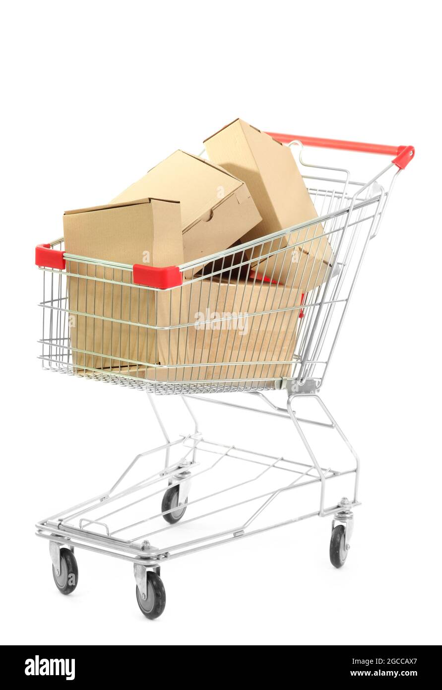 Shopping cart with carton, isolated on white Stock Photo - Alamy