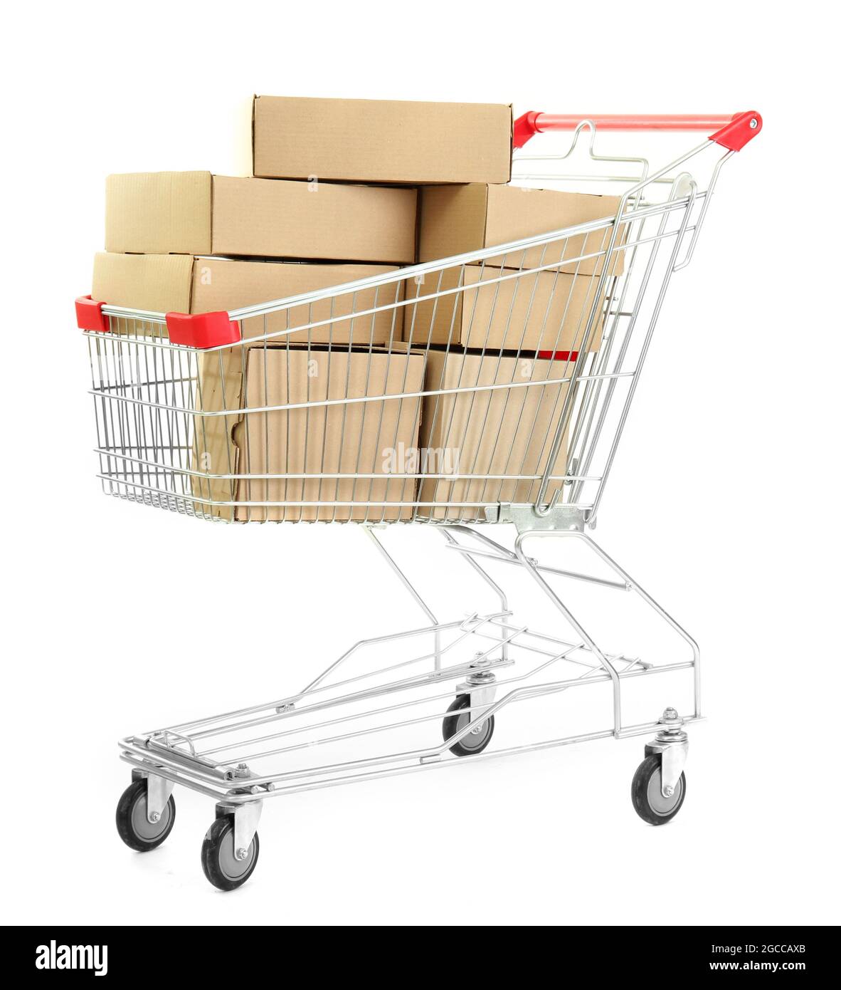 Shopping cart with carton, isolated on white Stock Photo - Alamy