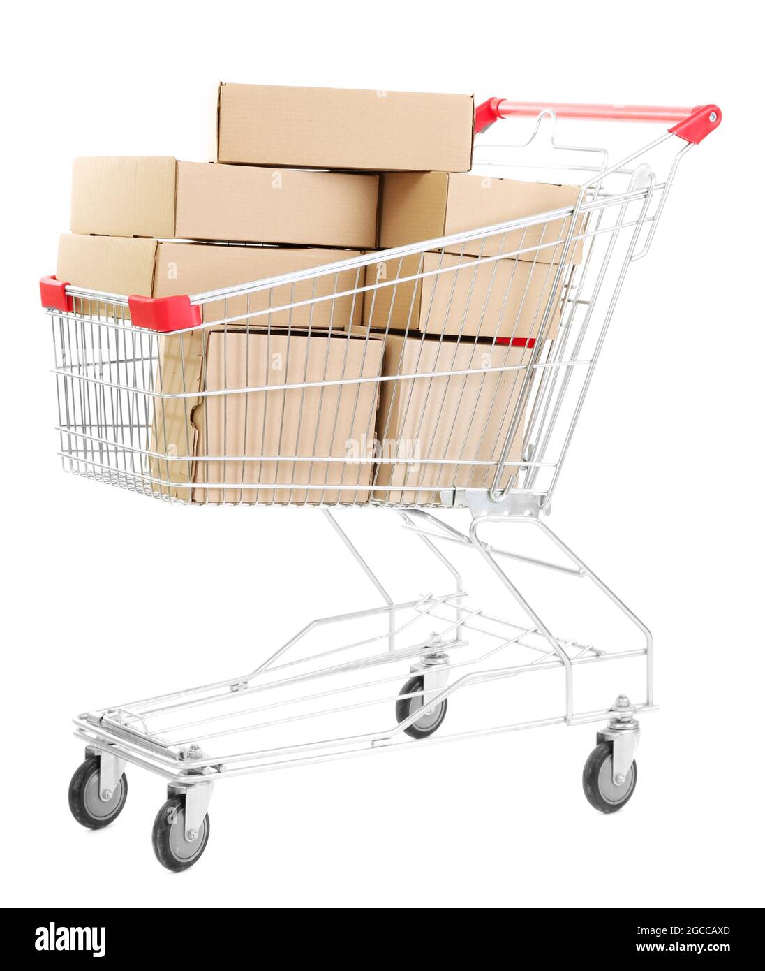 Shopping cart with carton, isolated on white Stock Photo - Alamy