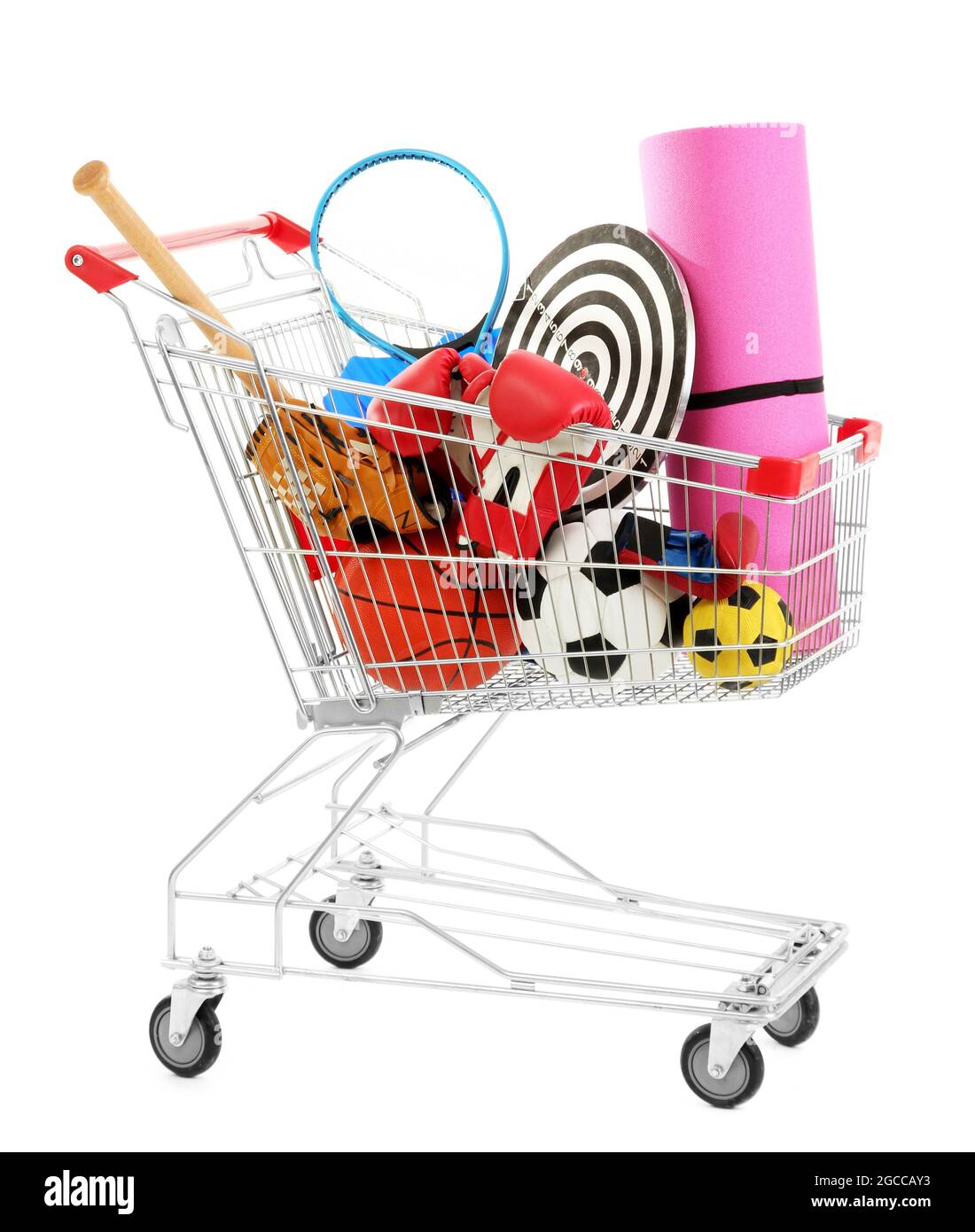Shopping cart with sport equipment, isolated on white Stock Photo - Alamy