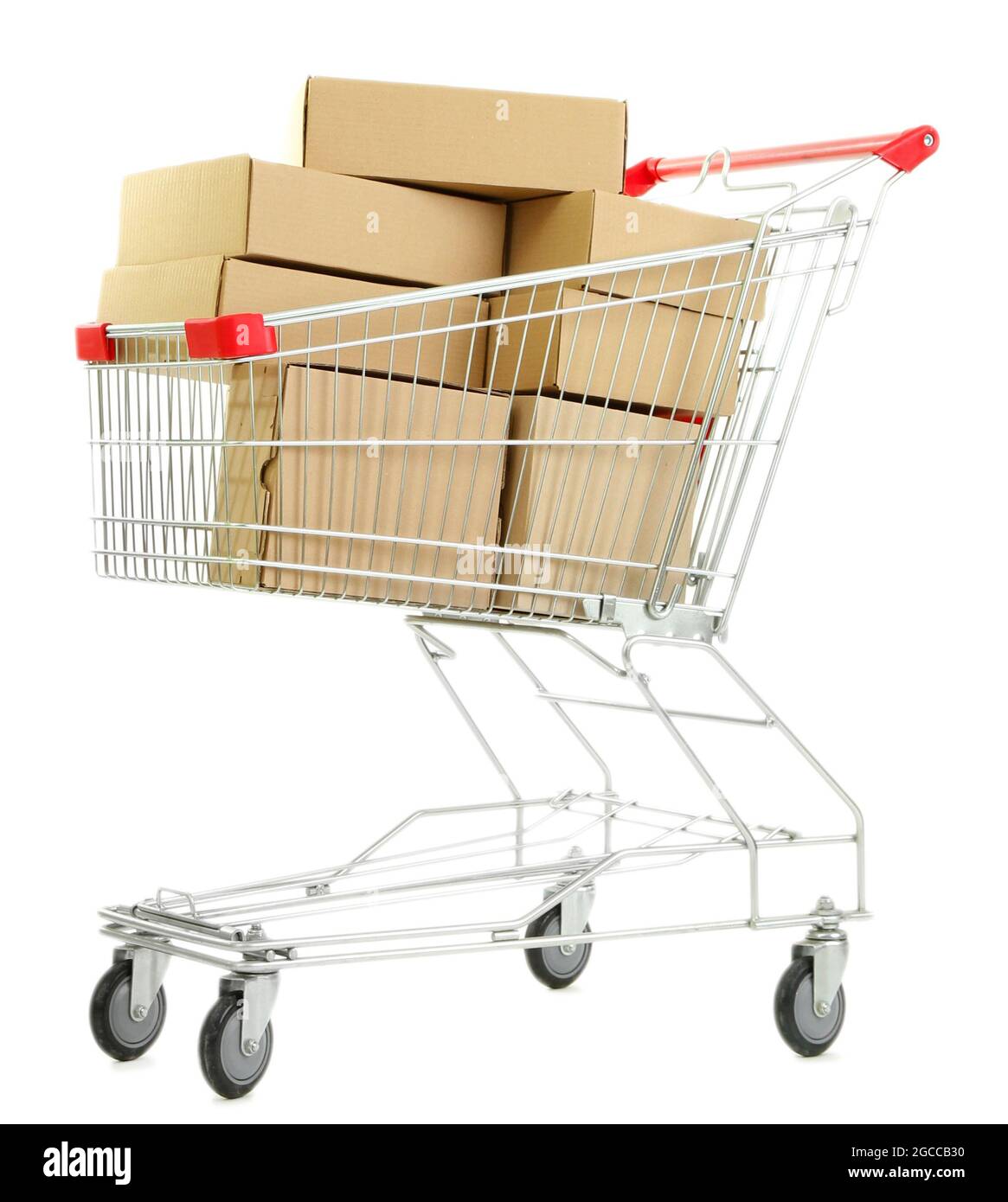 Shopping cart with carton, isolated on white Stock Photo - Alamy
