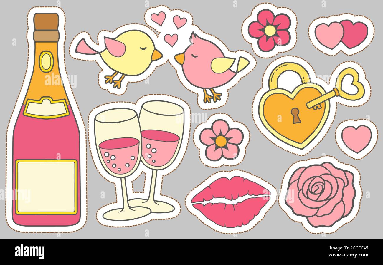 Set of funny doodle stickers. Love story for weddings day or valentines ...