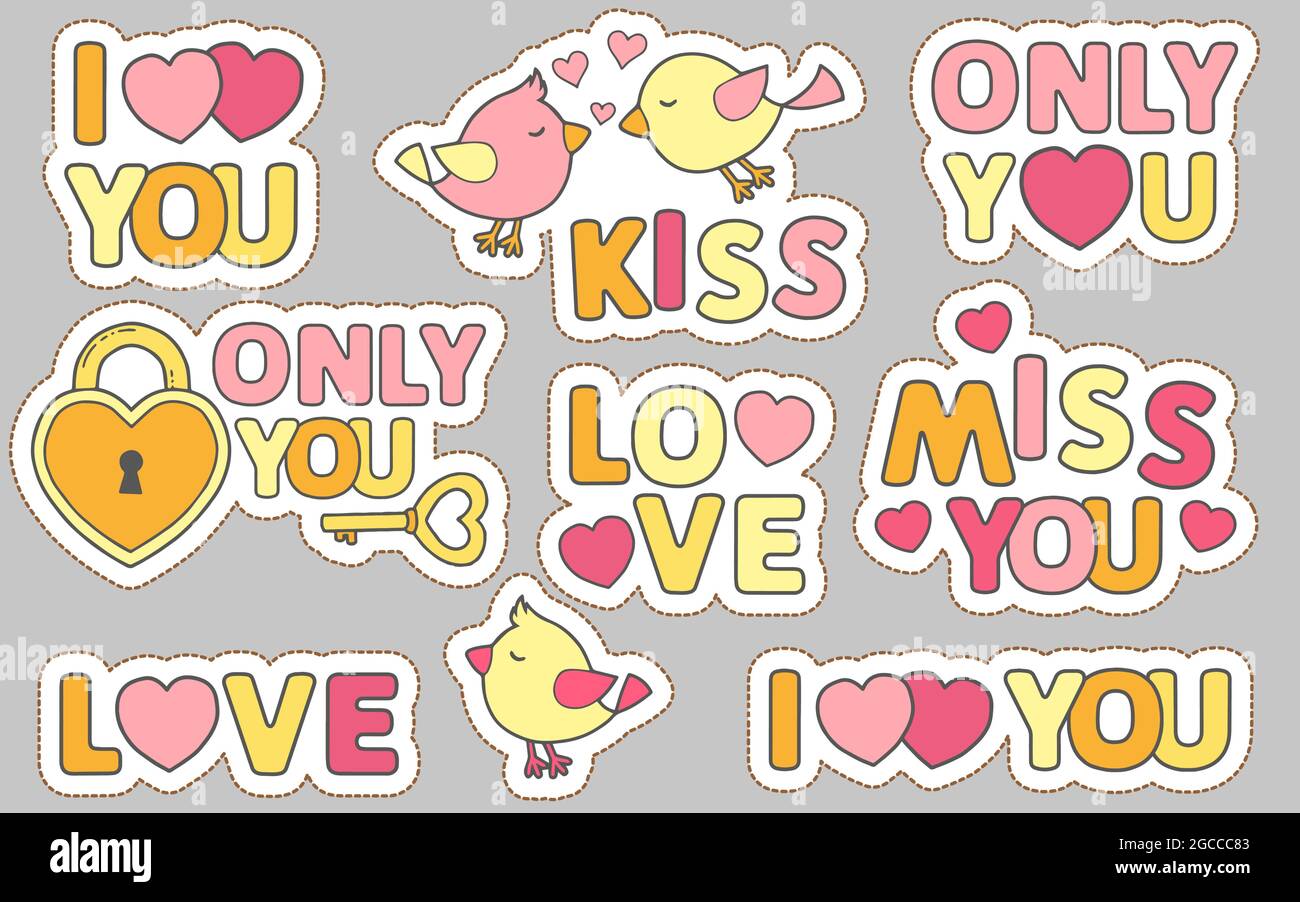 Set of funny doodle stickers with lettering. Love story for weddings ...