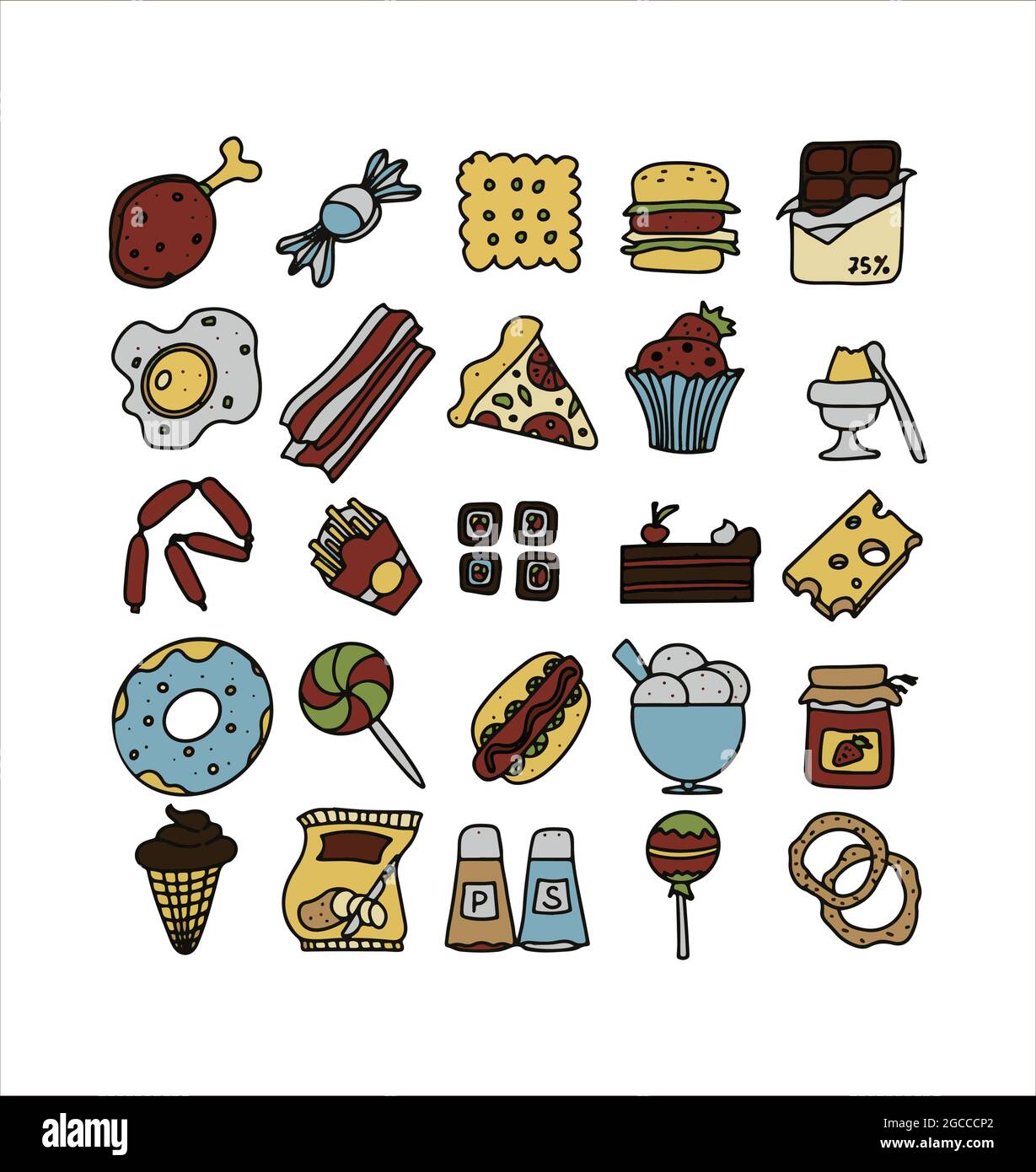 Doodle food set of fast-food products. Hand-drawn sweets, desserts ...