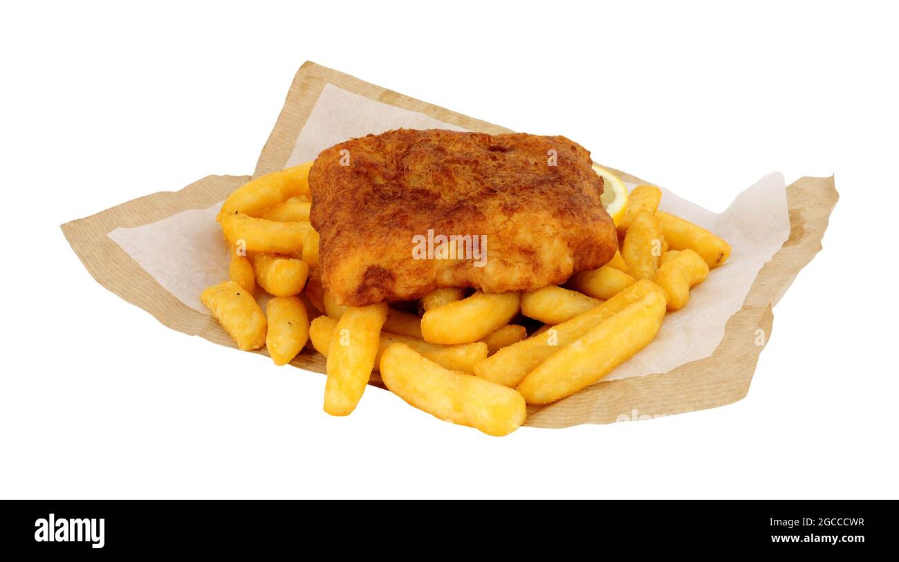 Battered cod fish and chips meal wrapped in brown paper isolated on a ...