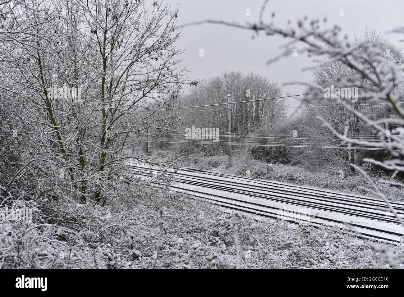 Rail line in the middle of London in the winter on a snowy day Stock ...