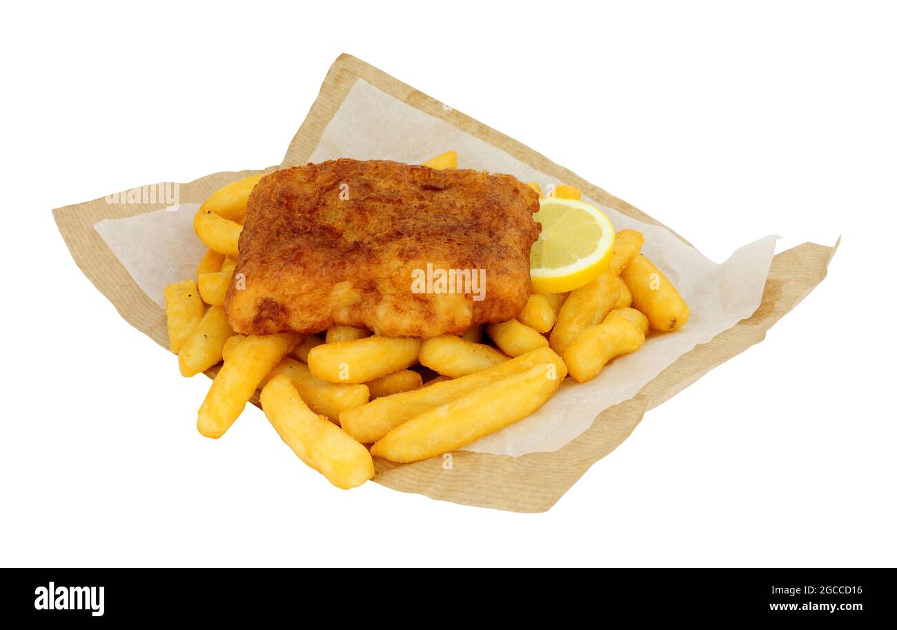 Battered cod fish and chips meal wrapped in brown paper isolated on a ...
