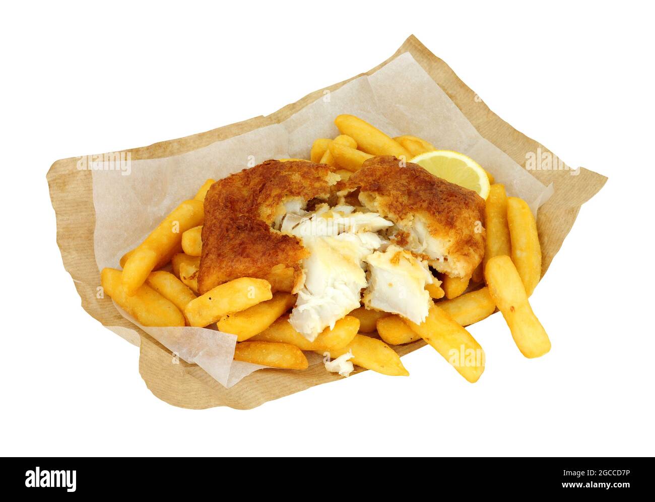 Battered cod fish and chips meal wrapped in brown paper isolated on a ...