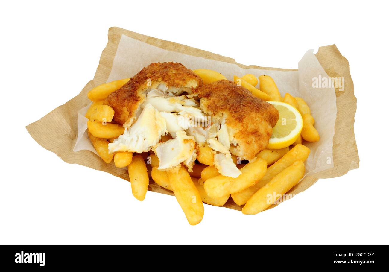 Battered cod fish and chips meal wrapped in brown paper isolated on a ...
