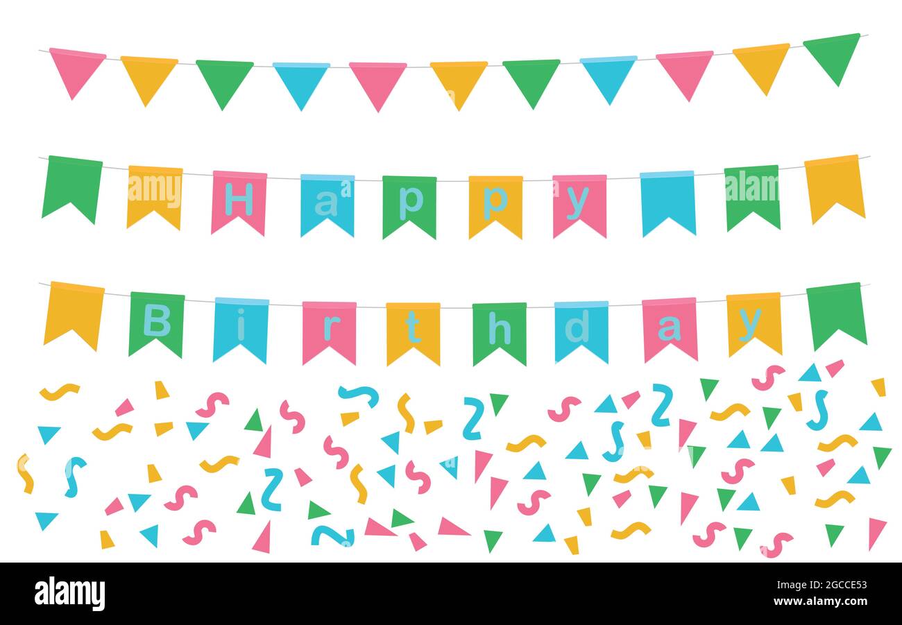 Template with multicolored flags, confetti, birthday greetings Stock ...