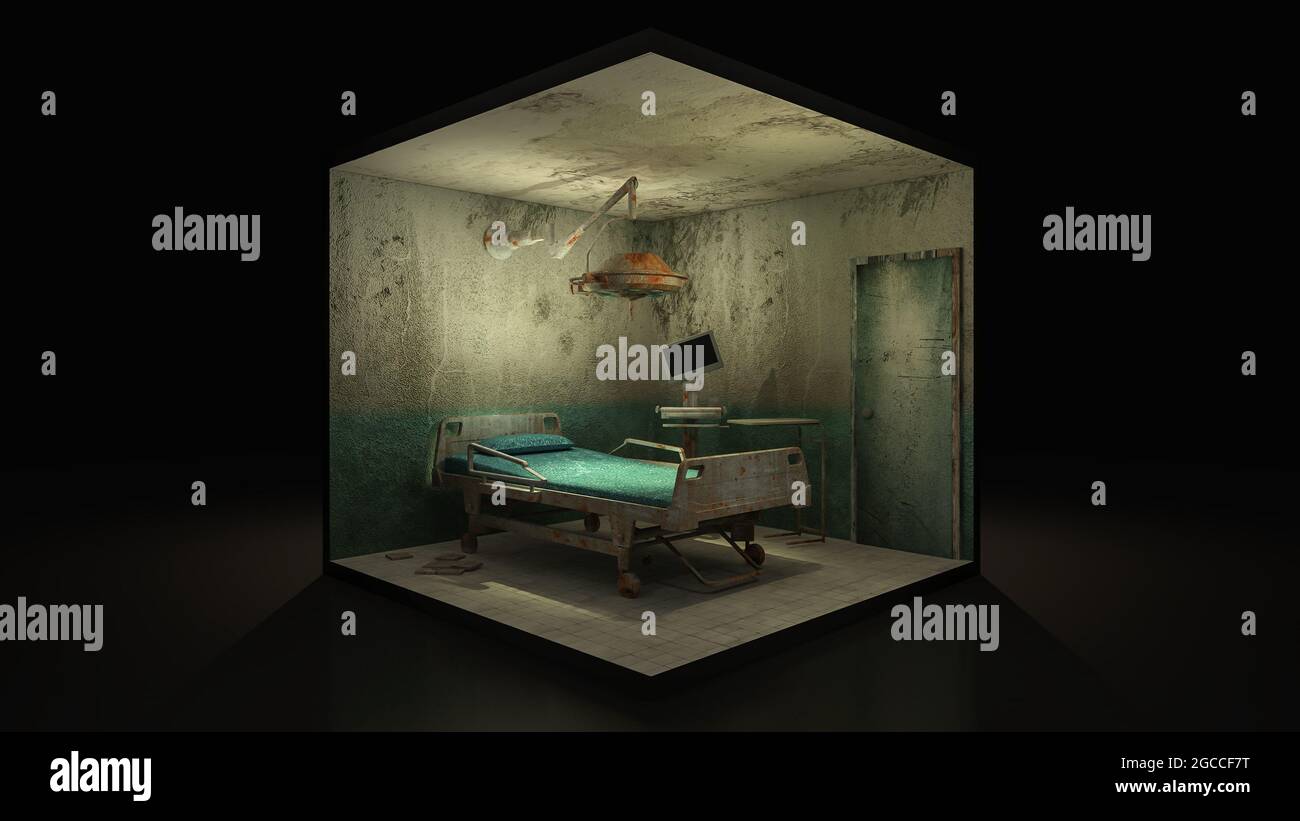 Horror and creepy abandoned operating room in the hospital.,3d ...