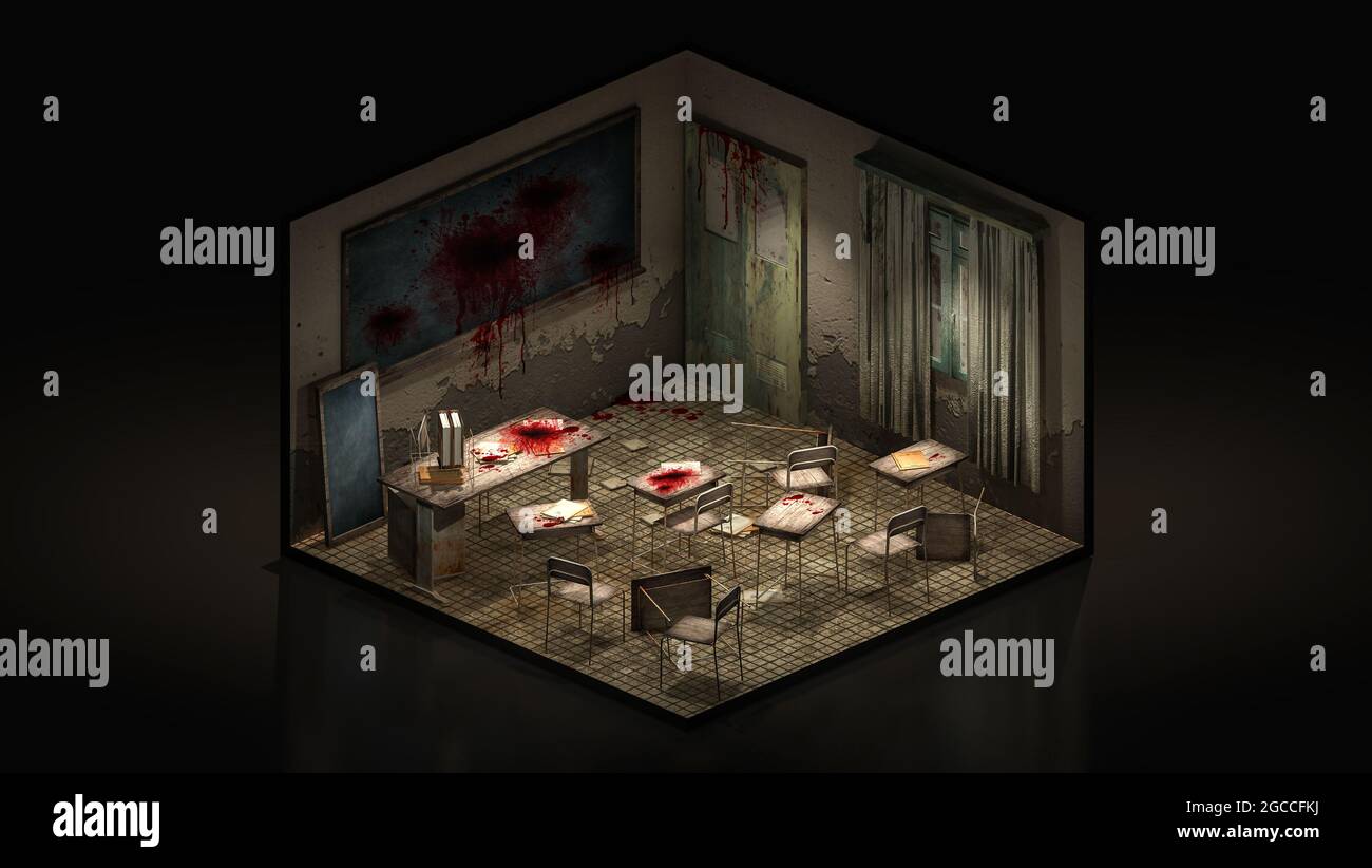 Horror and creepy classroom in the school with blood. 3d illustration ...