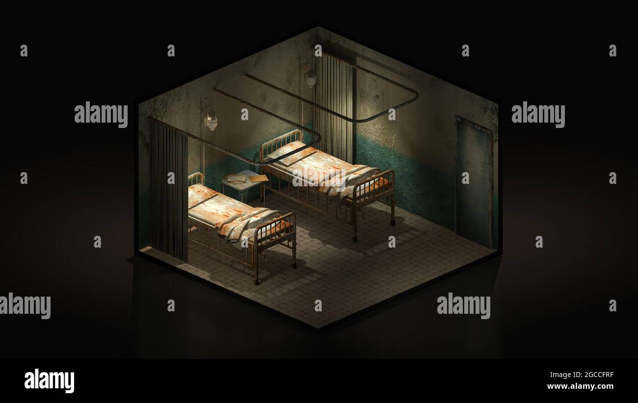 Horror and creepy ward room in the hospital .3d illustration Isomatric ...