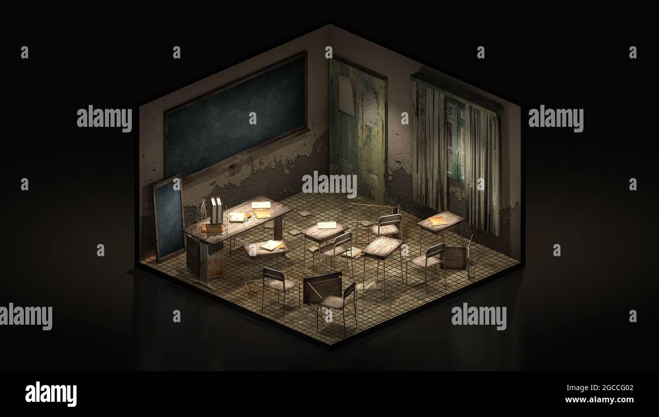Horror and creepy classroom in the school.,3d illustration Isomatric ...