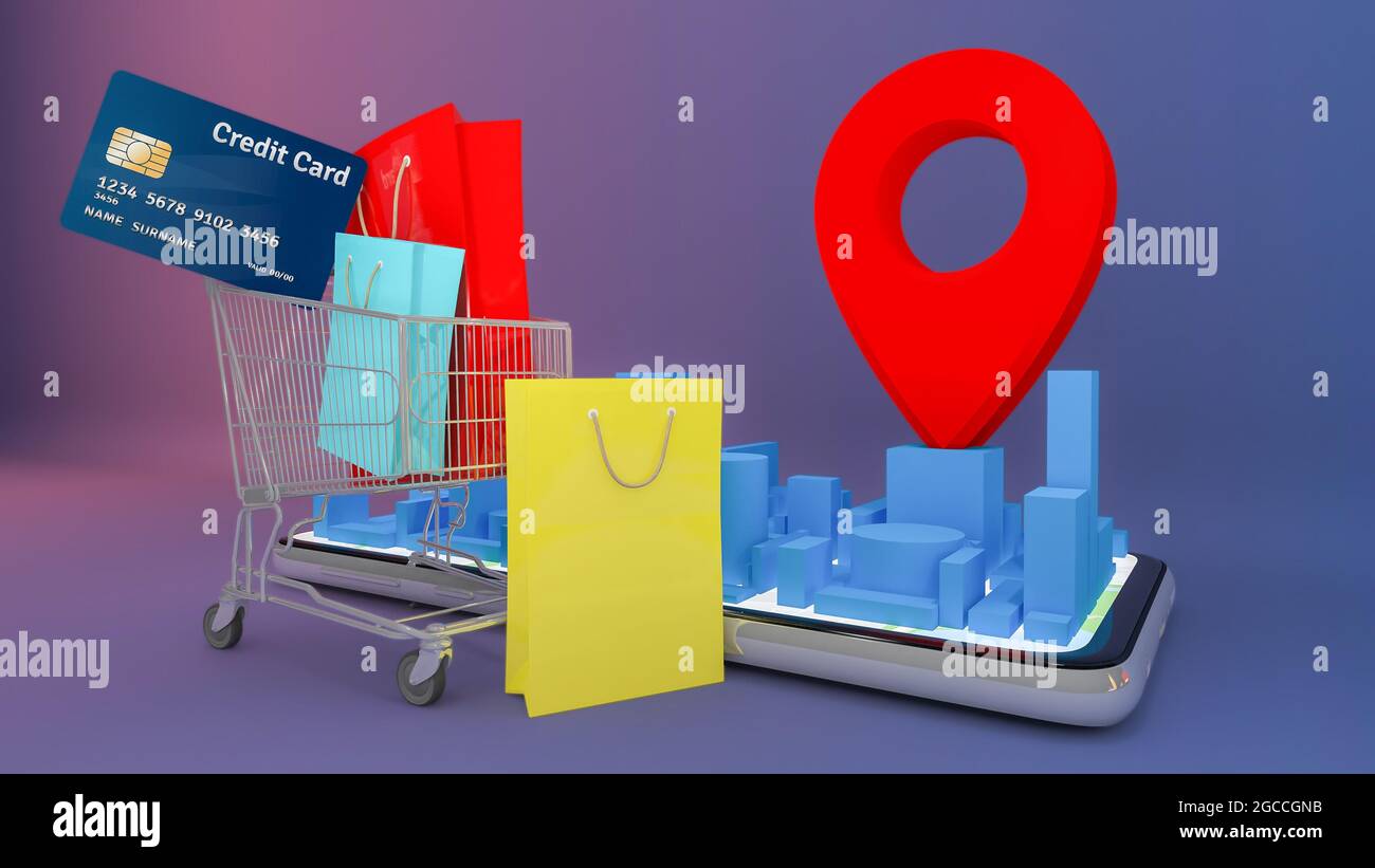 Many Paper bag and price tag and credit card in a shopping cart with ...