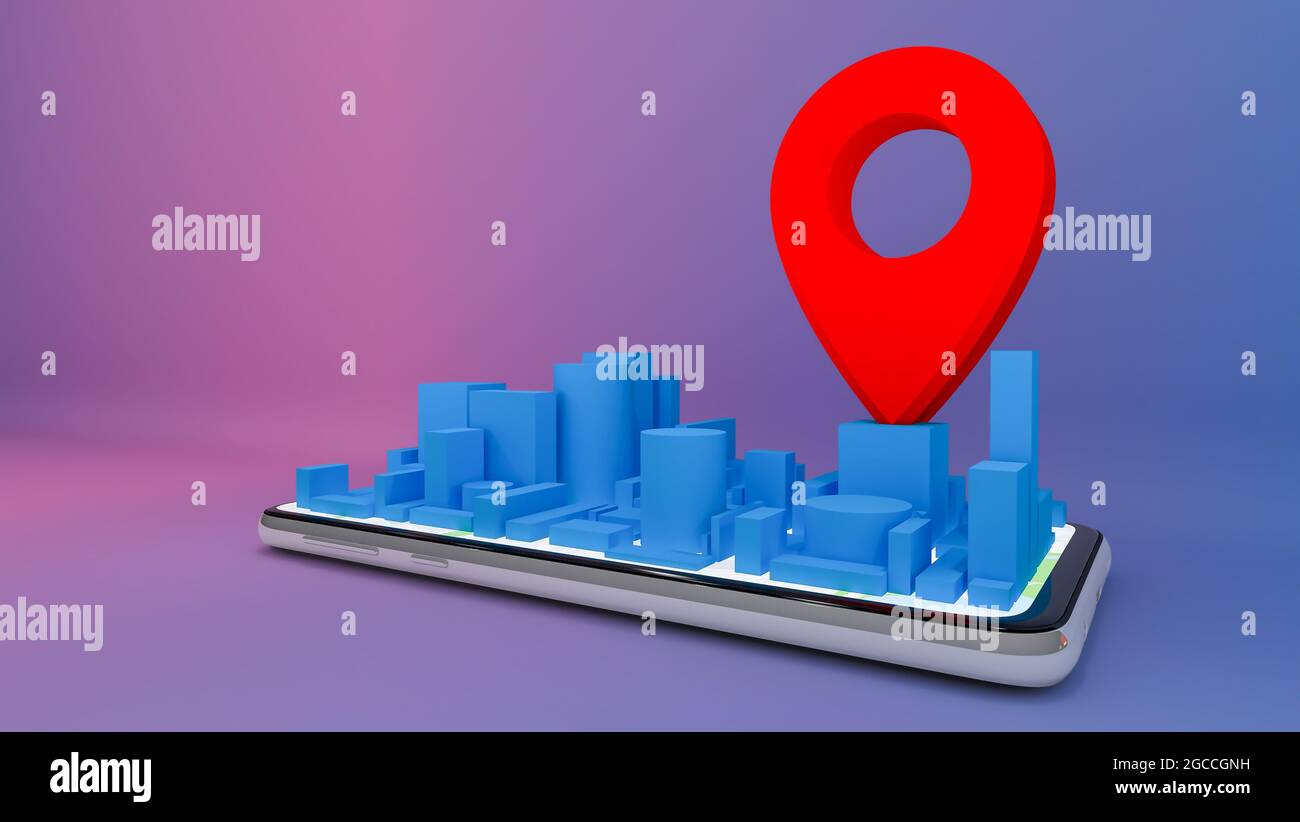 Mobile digital city map with red pin pointers.,delivery concept.,3D rendering Stock Photo - Alamy