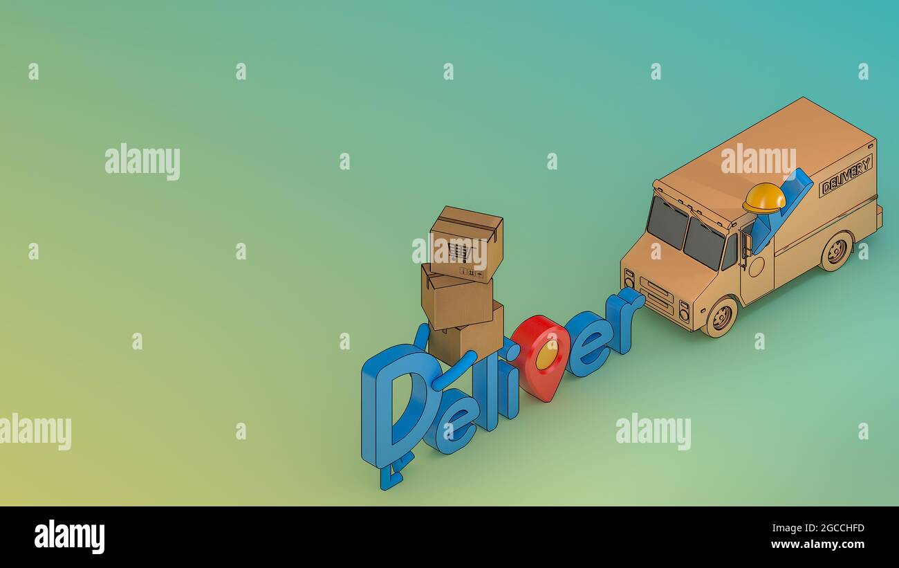 Character cartoon delivery font with truck van and many parcel box ...