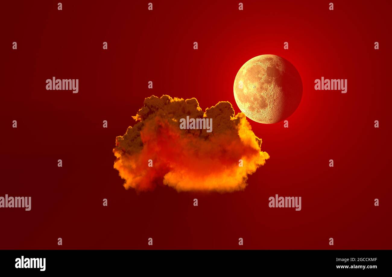 single red cloud with moon . concept nature 3D illustration Stock Photo ...