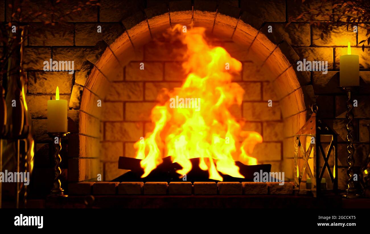 red stone fireplace fire lighting - object 3D illustration Stock Photo ...