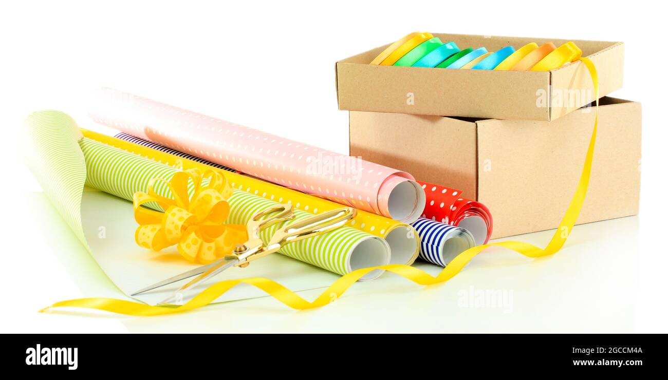 Materials and accessories for wrapping gifts isolated on white Stock ...