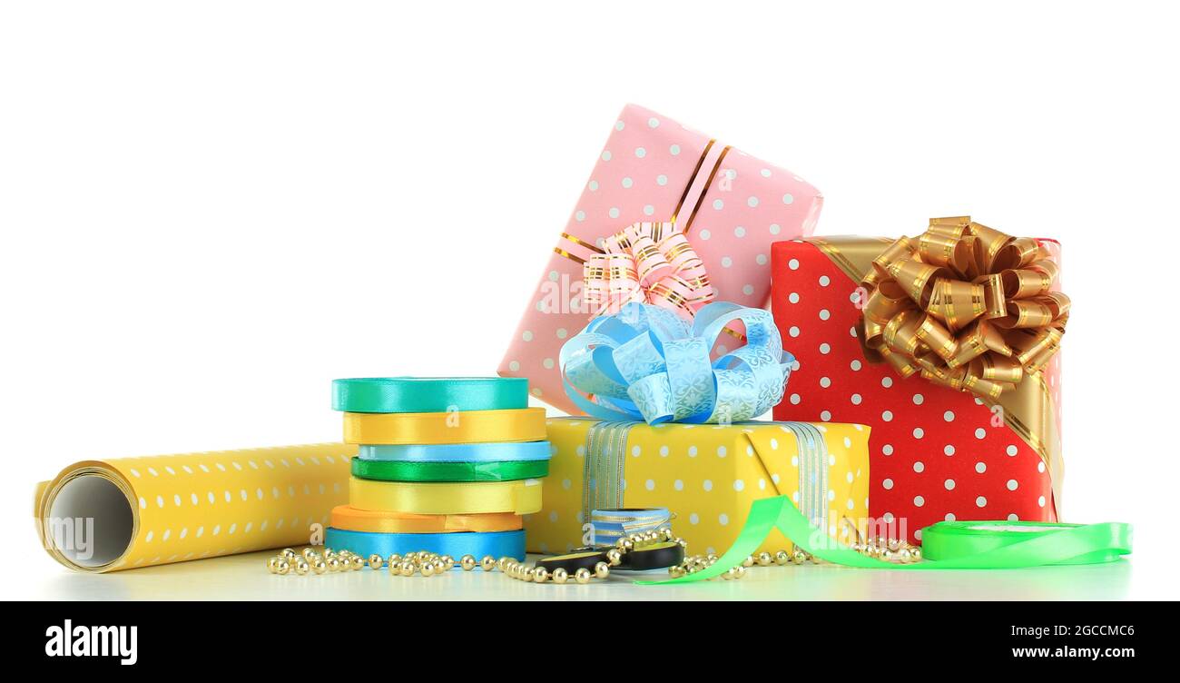 Materials and accessories for wrapping gifts isolated on white Stock ...