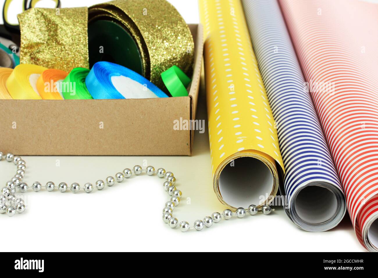 Materials and accessories for wrapping gifts isolated on white Stock ...