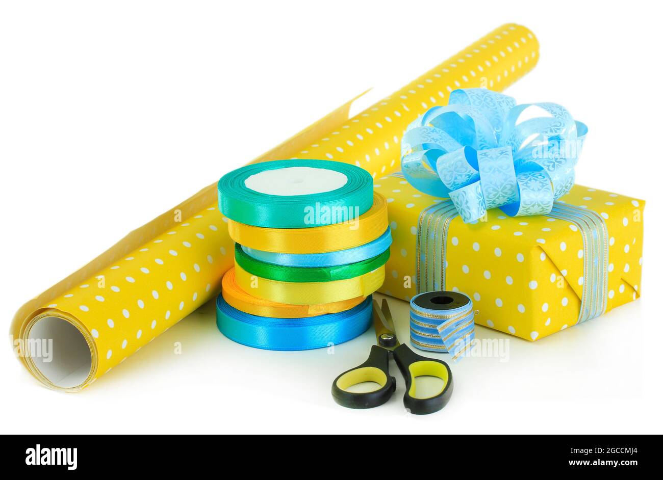 Materials and accessories for wrapping gifts isolated on white Stock ...