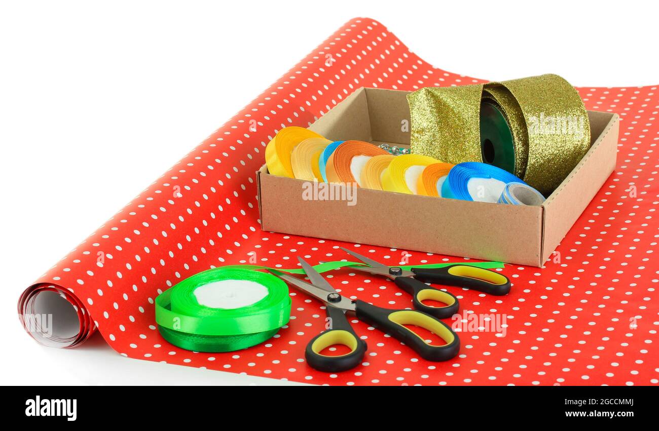 Materials and accessories for wrapping gifts isolated on white Stock ...