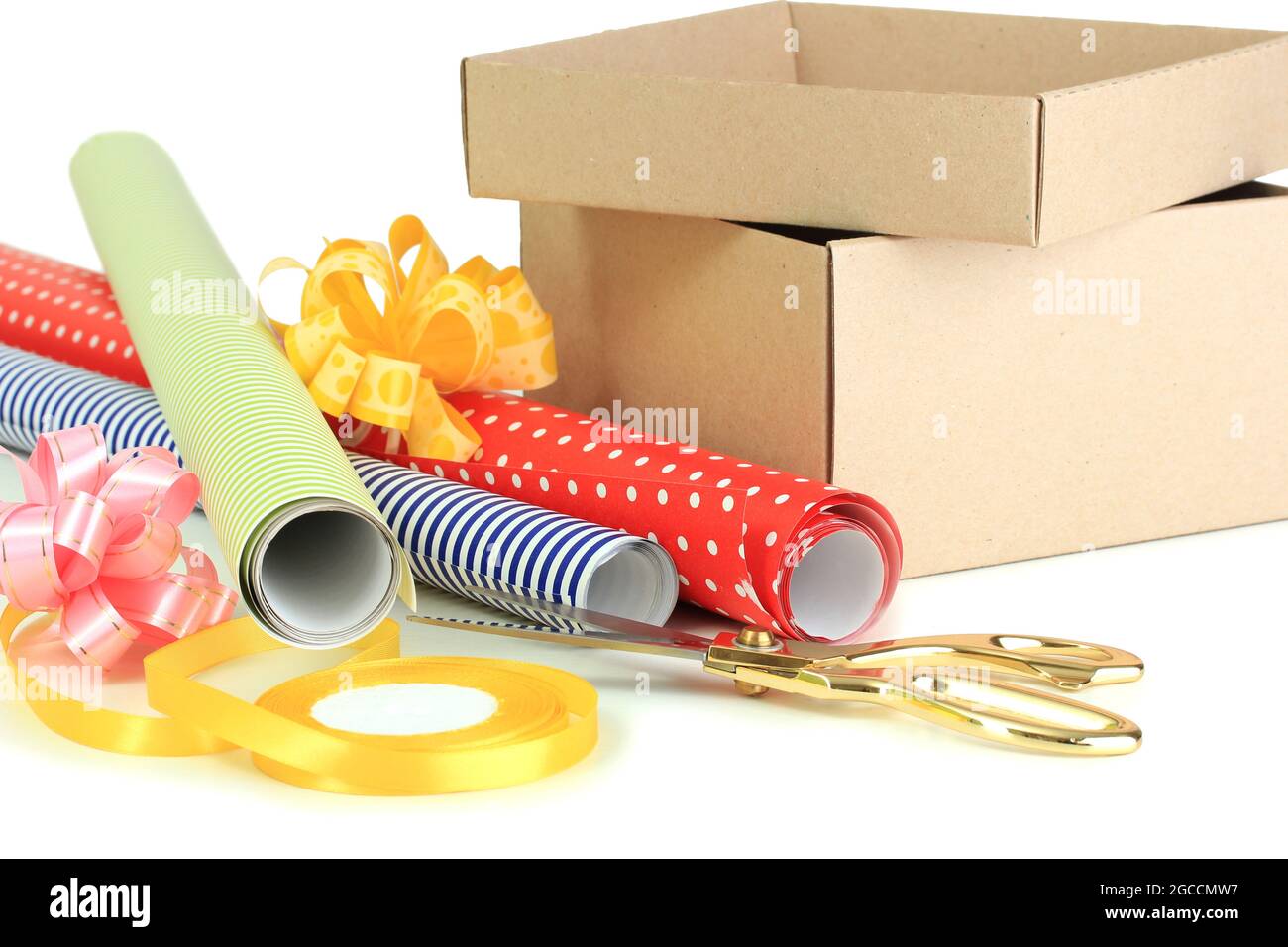 Materials and accessories for wrapping gifts isolated on white Stock ...