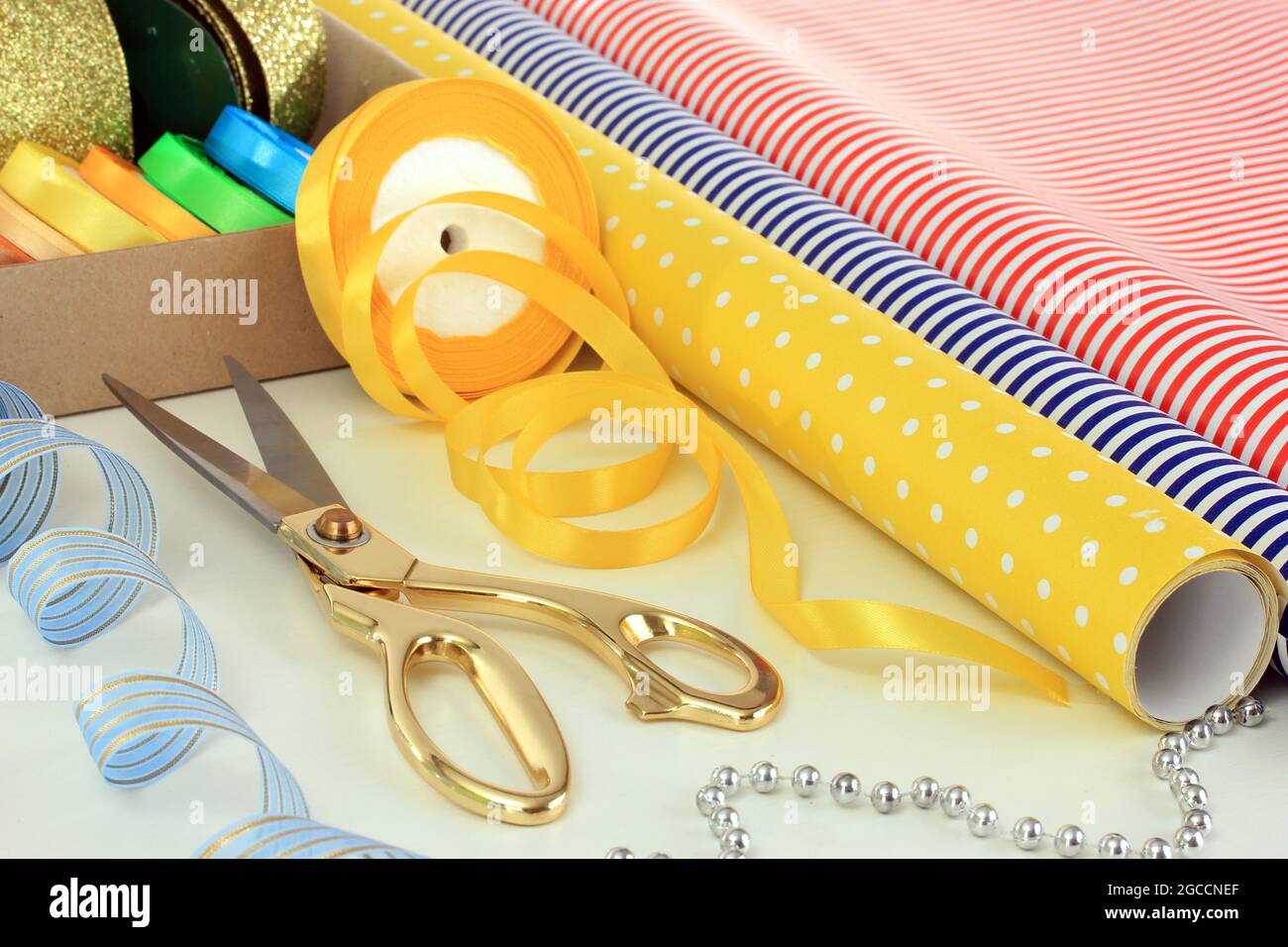 Materials and accessories for wrapping gifts isolated on white Stock ...