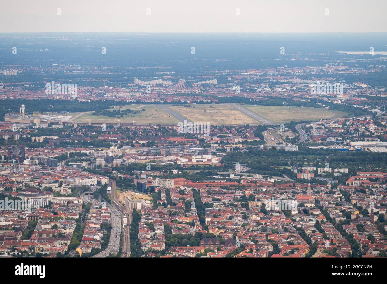 07 August 2021, Berlin: An aerial view shows the former Tempelhof ...