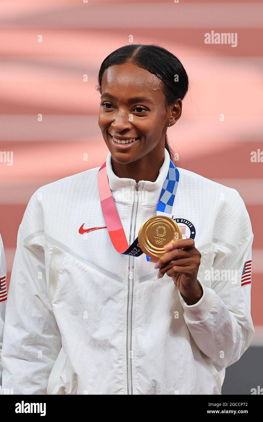 Dalilah Muhammad of Team United States (USA) poses with the gold medals ...