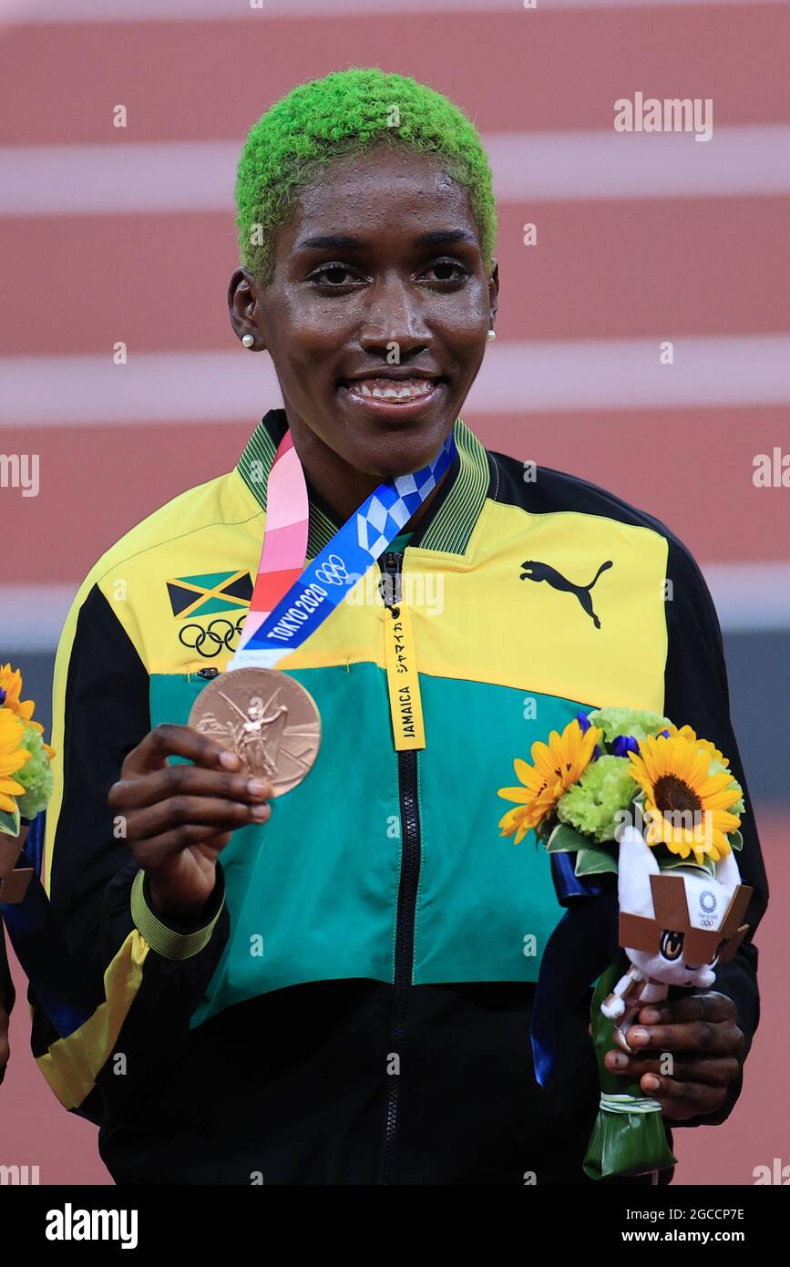 Janieve RUSSELL of Team Jamaica (JAM) poses with her bronze medal ...