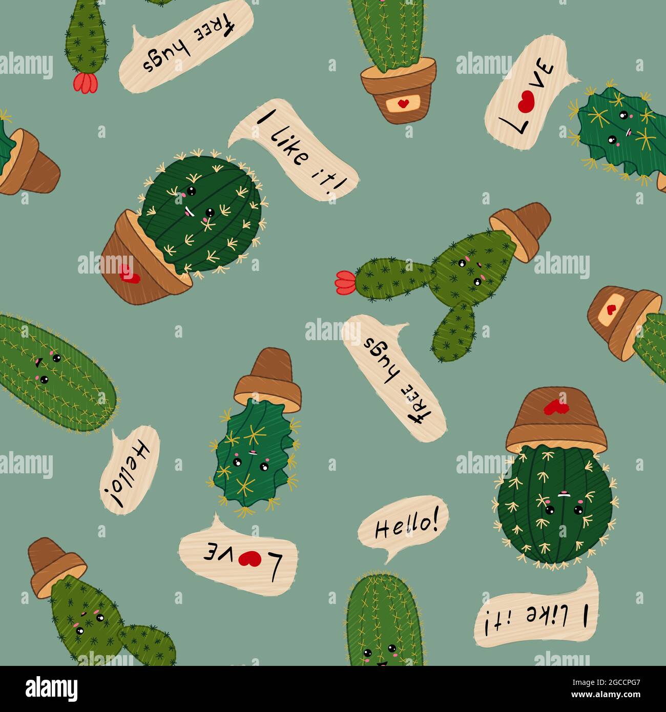 Cute kawaii cactus seamless pattern. Design element for textile, prints ...
