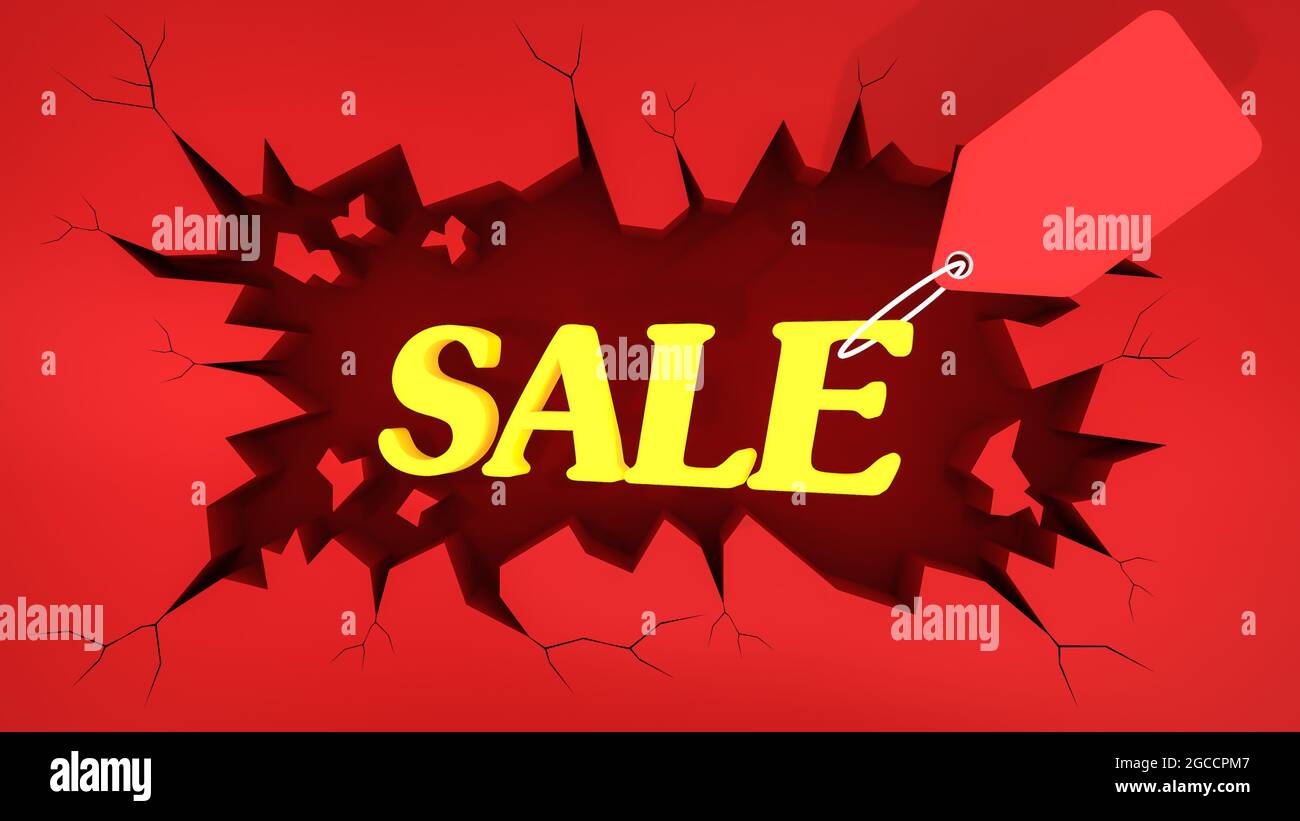 Yellow sale sign with Price tag on crack red ground. Shopping concept ...