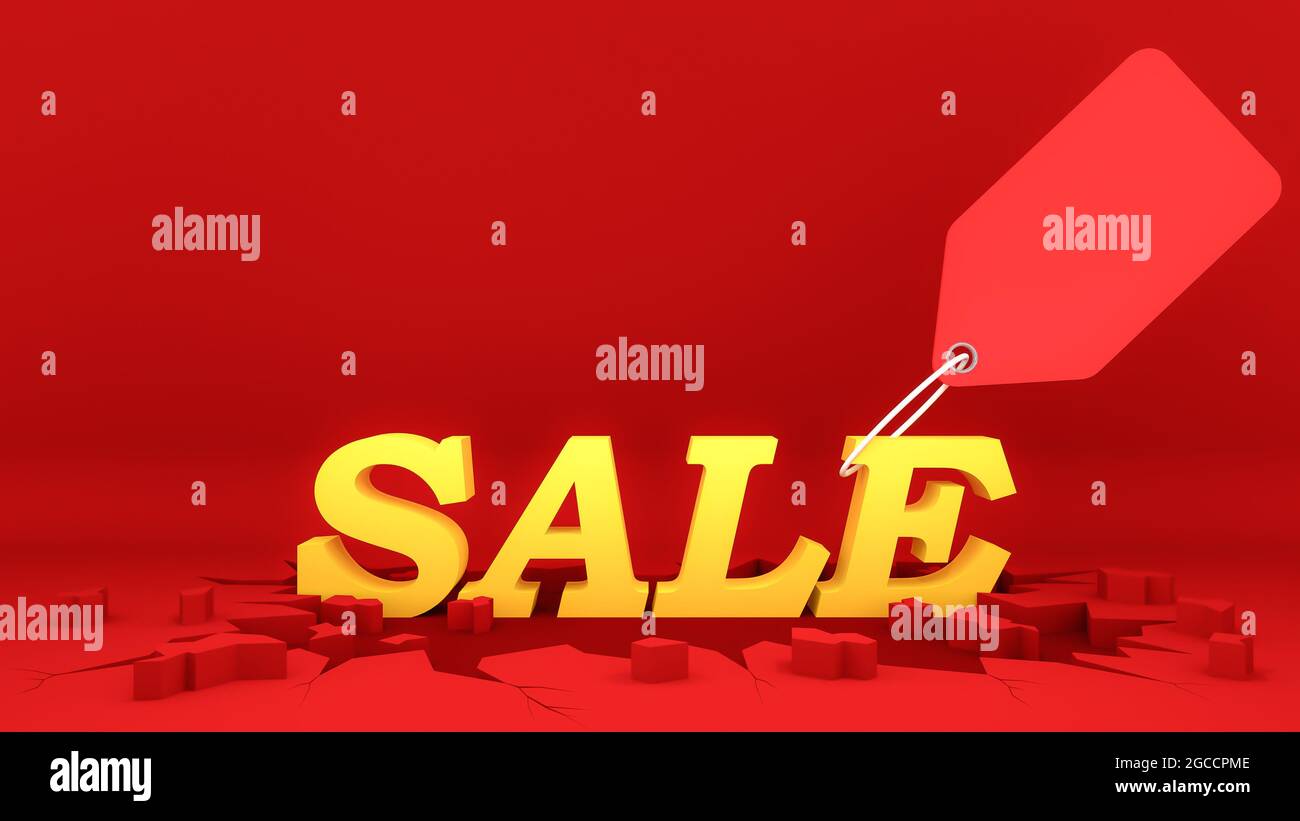 Yellow sale sign with Price tag on crack red ground. Shopping concept ...