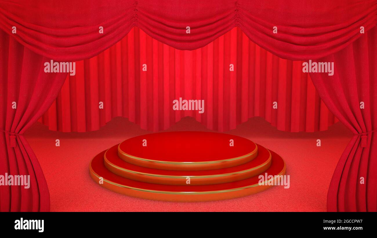 Red and gold Stage on red theatre curtain background., 3D rendering ...