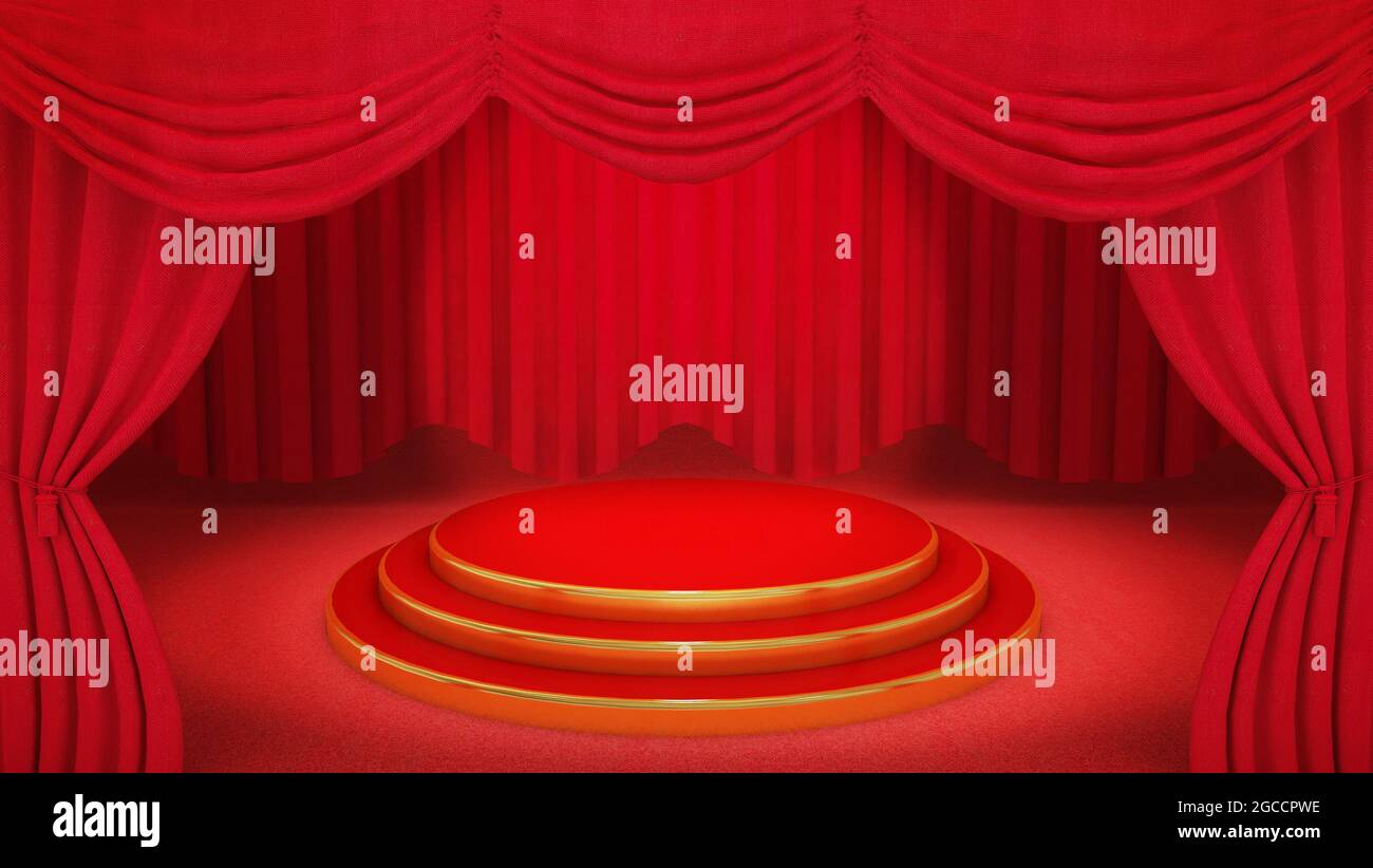 Red and gold Stage on red theatre curtain background., 3D rendering ...