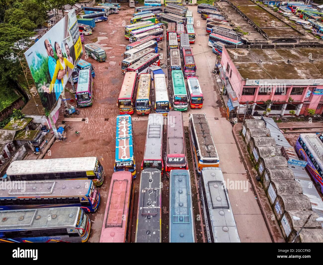BARISHAL, BANGLADESH - AUGUST 2: Aerial view of buses line up at the ...