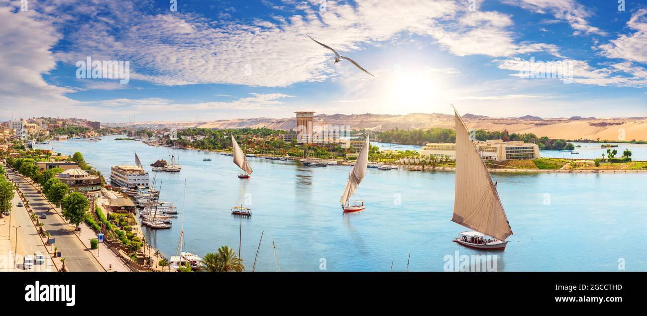 Aswan city and sailboats beautiful Nile panorama, aerial view, Egypt ...