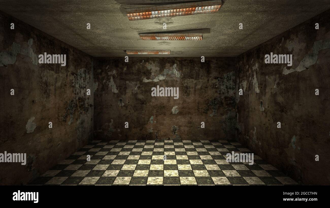 The interior design of horror and creepy damage empty room., 3D ...