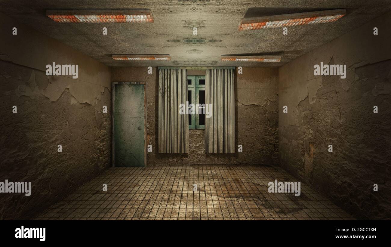 The interior design of horror and creepy damage empty room., 3D ...